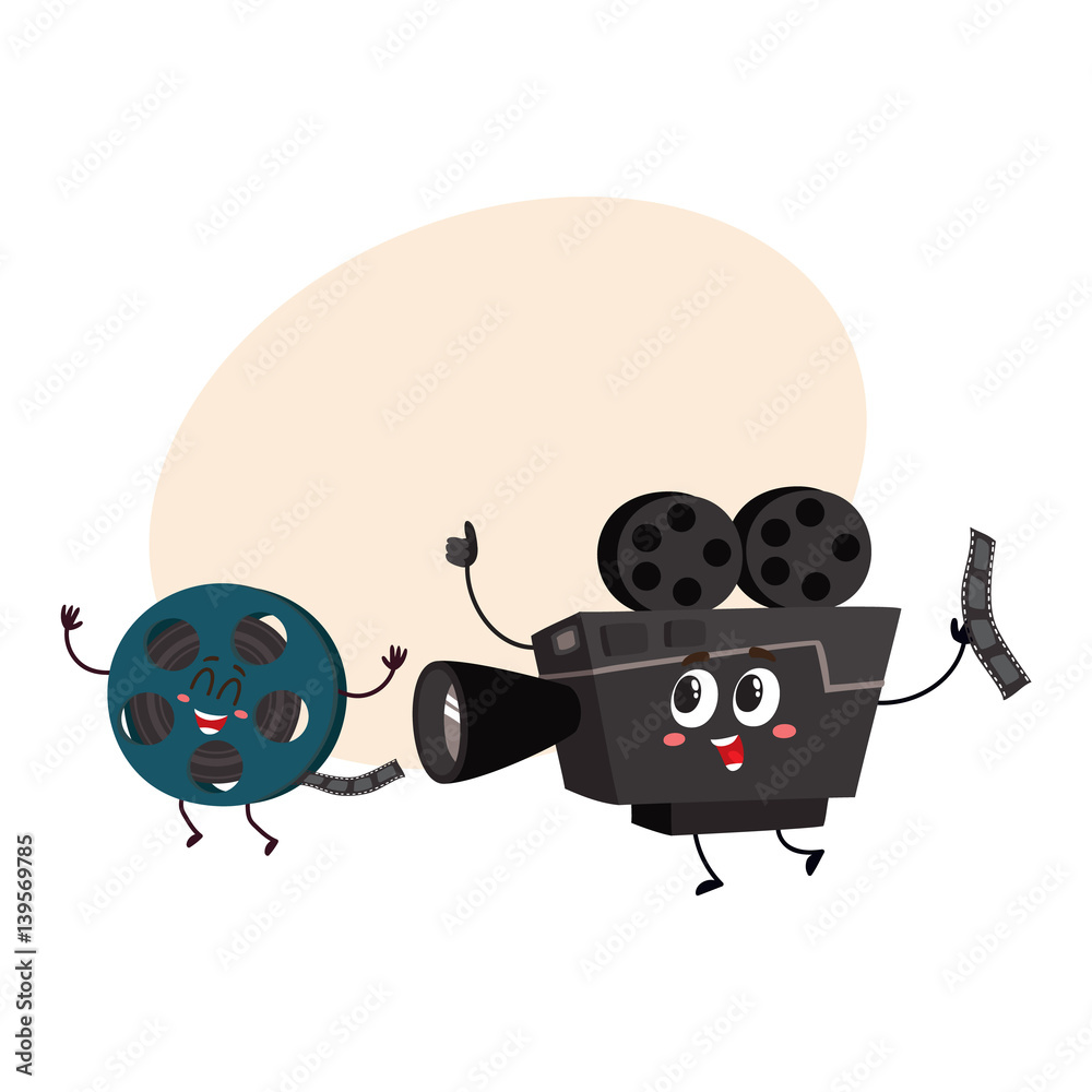 Movie shooting camera and film reel characters with smiling human faces ...