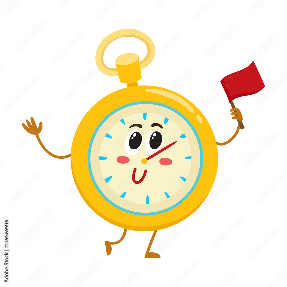 Funny stopwatch, timer, timekeeping character with smiling human face ...