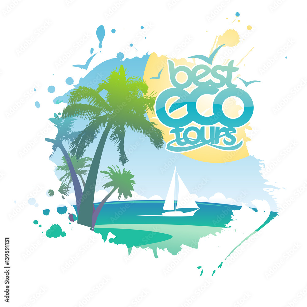 Best eco tours poster in form of blot with tropical ocean, palms and ...