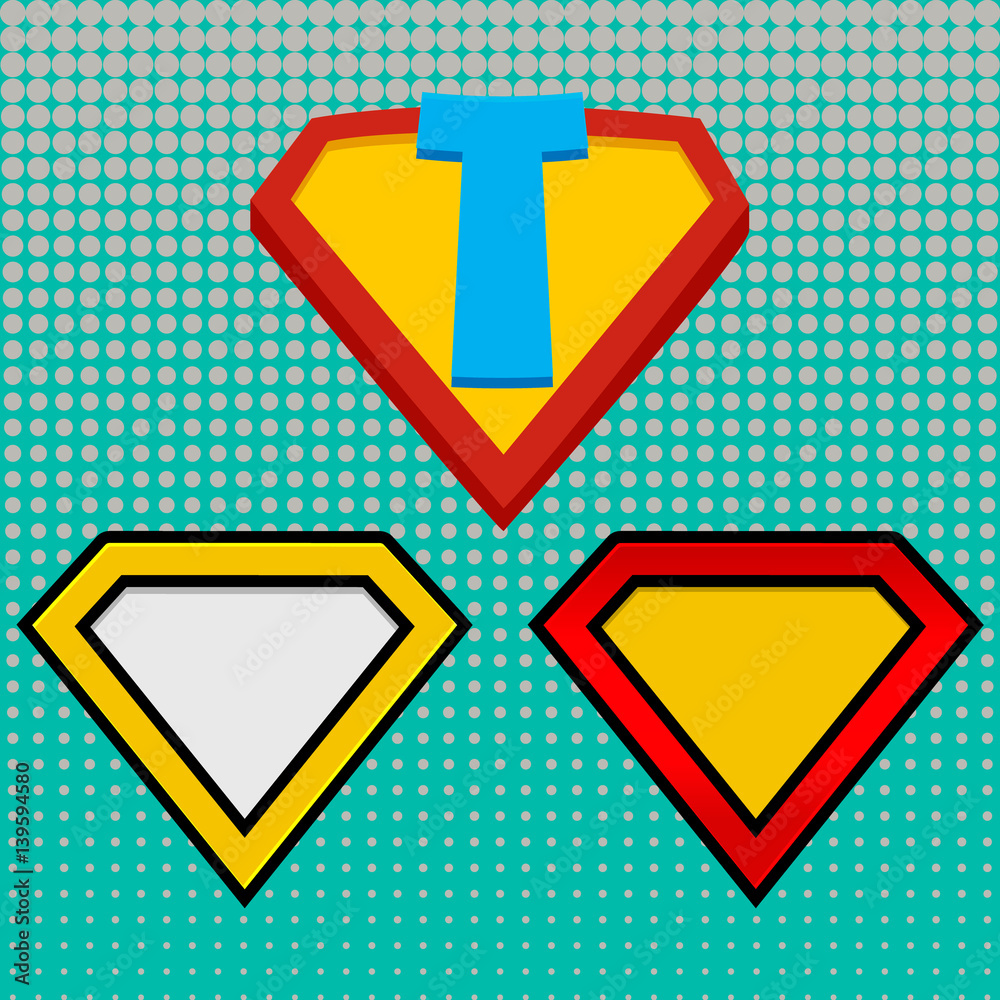 Superhero logo template. Red, yellow and orange. Halftone dots, shadows ...