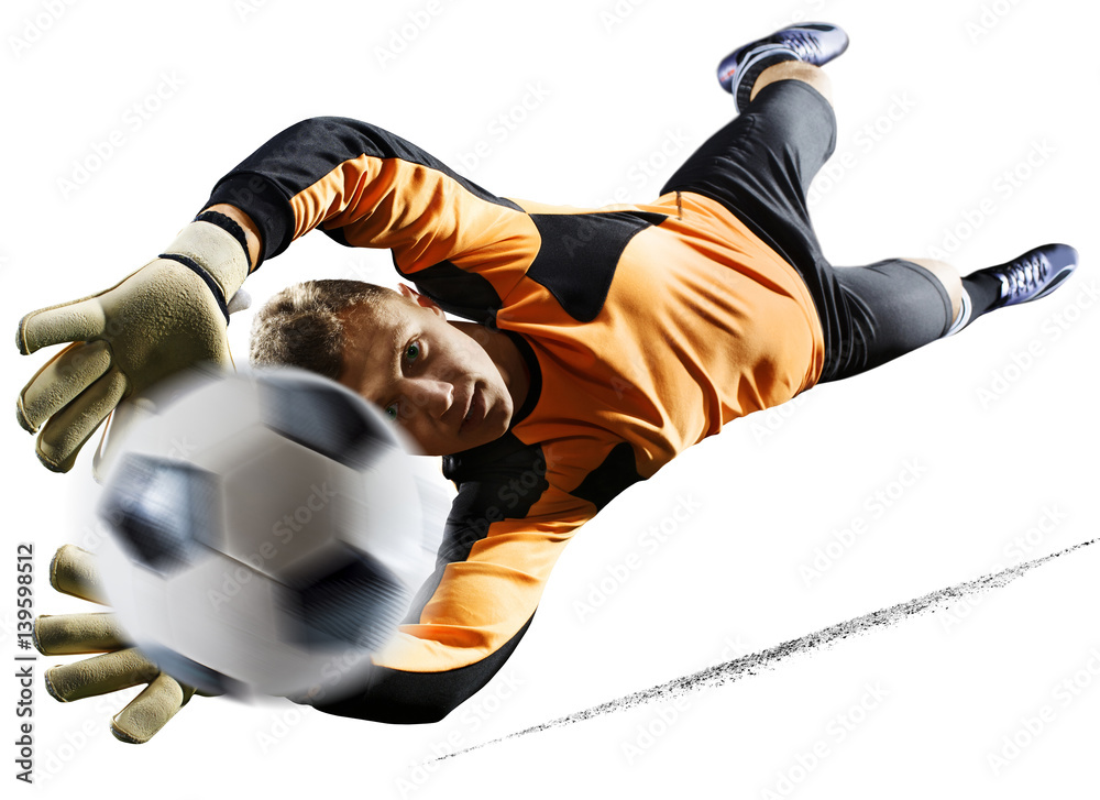 Professional soccer goalkeeper in action on white background Stock ...