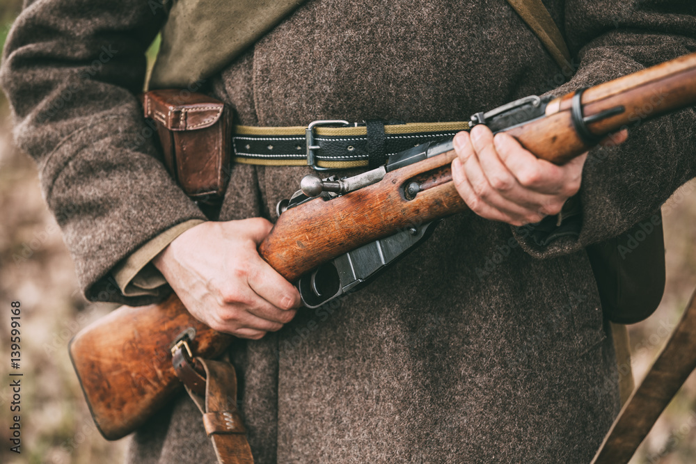 Russian Soviet Infantry Soldier Of World War II Holds Rifle Weap Stock ...