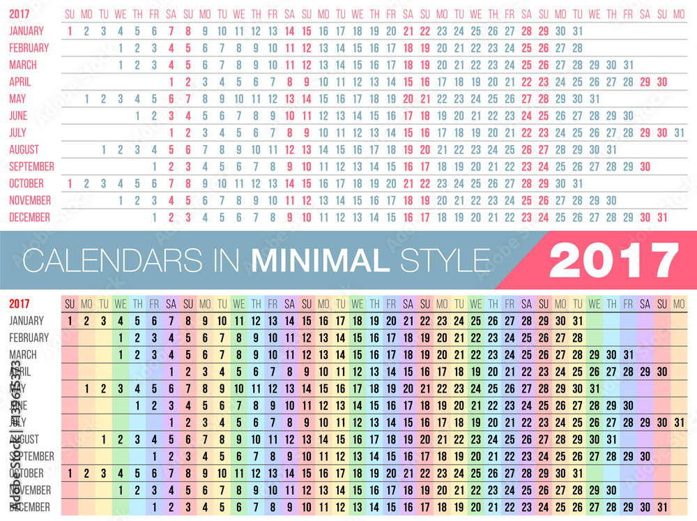 Simple 2017 calendar. Horizontal orientation, linear minimal style. Set ...