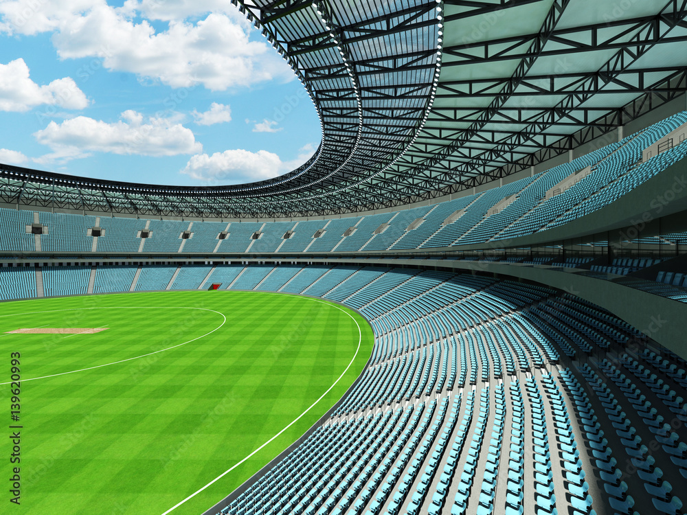 3D render of a round cricket stadium with sky blue seats and VIP boxes ...