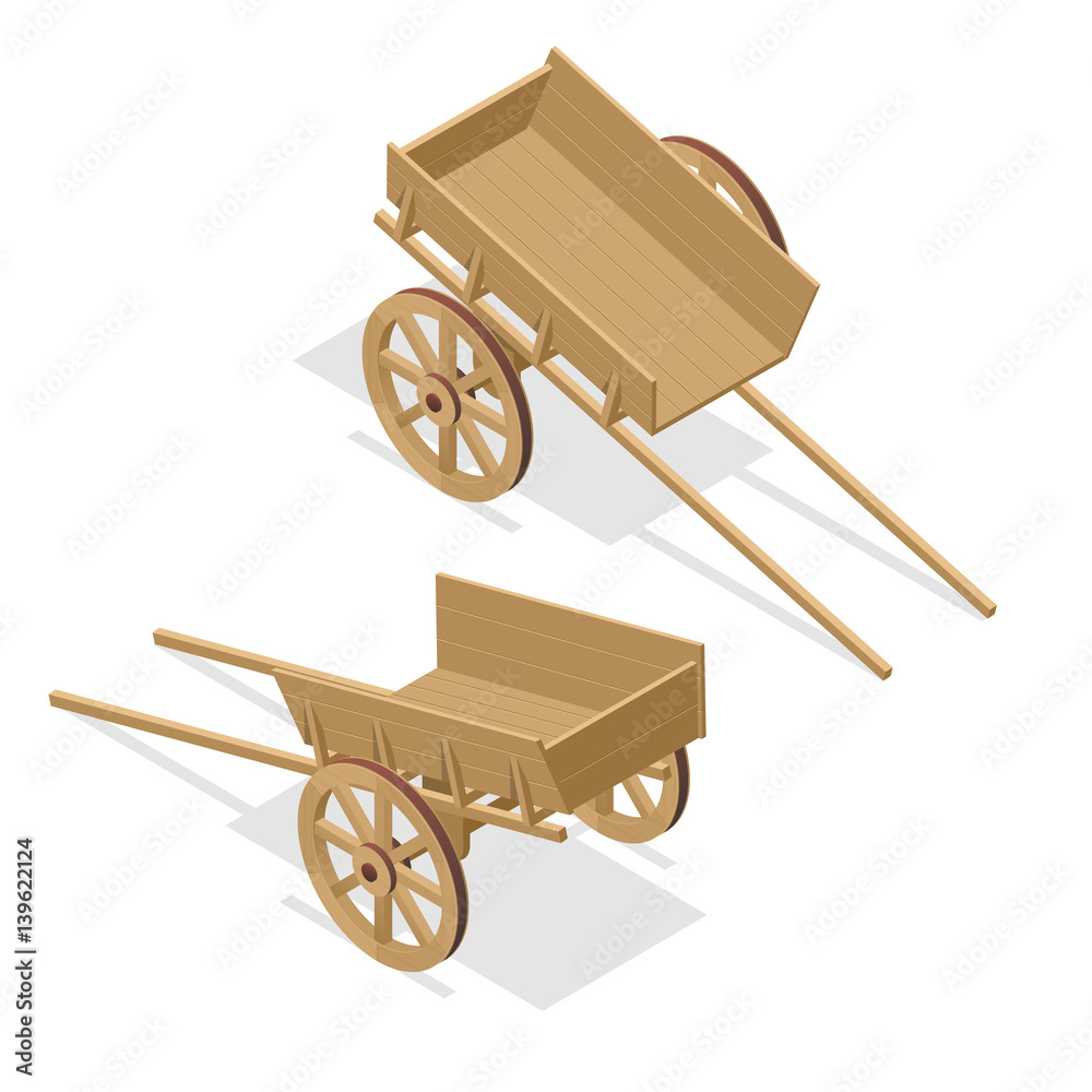 Isometric vintage wooden cart. Flat 3d vector illustration isolated on ...