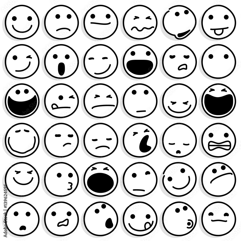 Line Drawing Vector Illustration of Caricature Emoticons Set on White ...