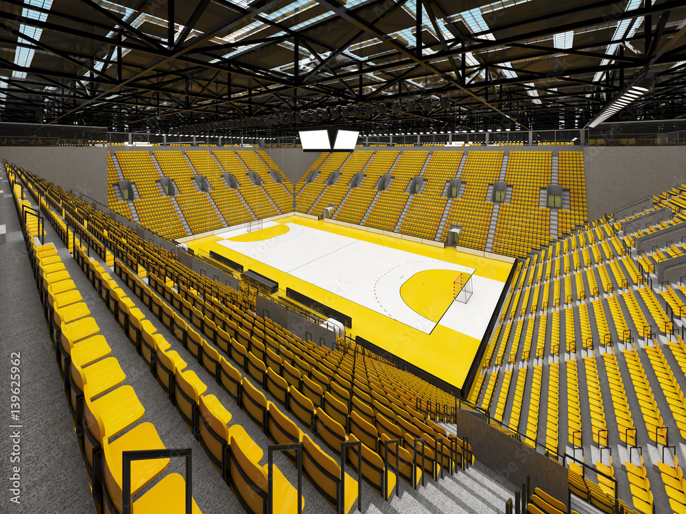 Bbeautiful sports arena for handball with yellow seats and VIP boxes ...