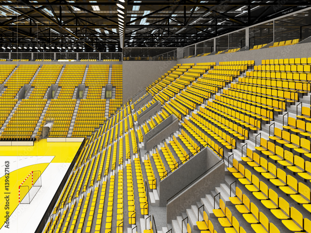 Bbeautiful sports arena for handball with yellow seats and VIP boxes ...