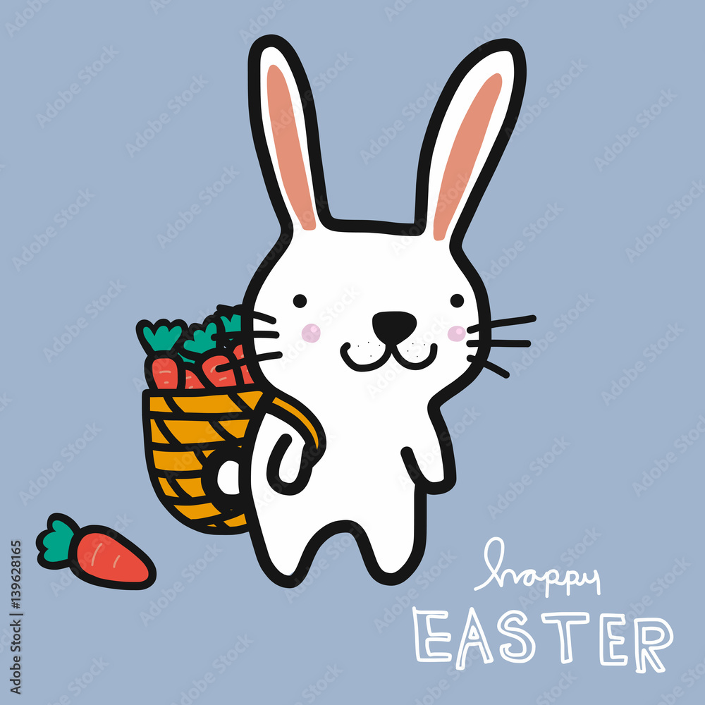 Cute white rabbit carry carrot basket Happy Easter cartoon vector ...