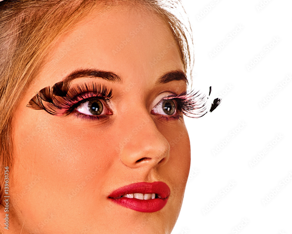 Fake eyelashes and perfect skin facial make-up. Closeup faceof young ...