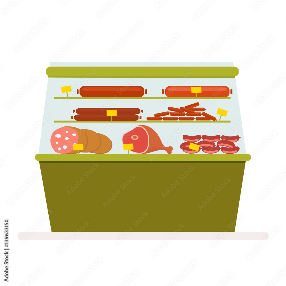 Counter with meat products, sausage and ham in the fridge ...