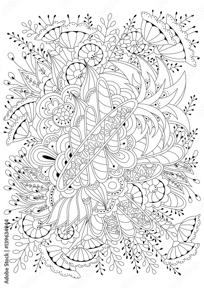 Hand drawn backdrop. Coloring book, page for adult and older children ...