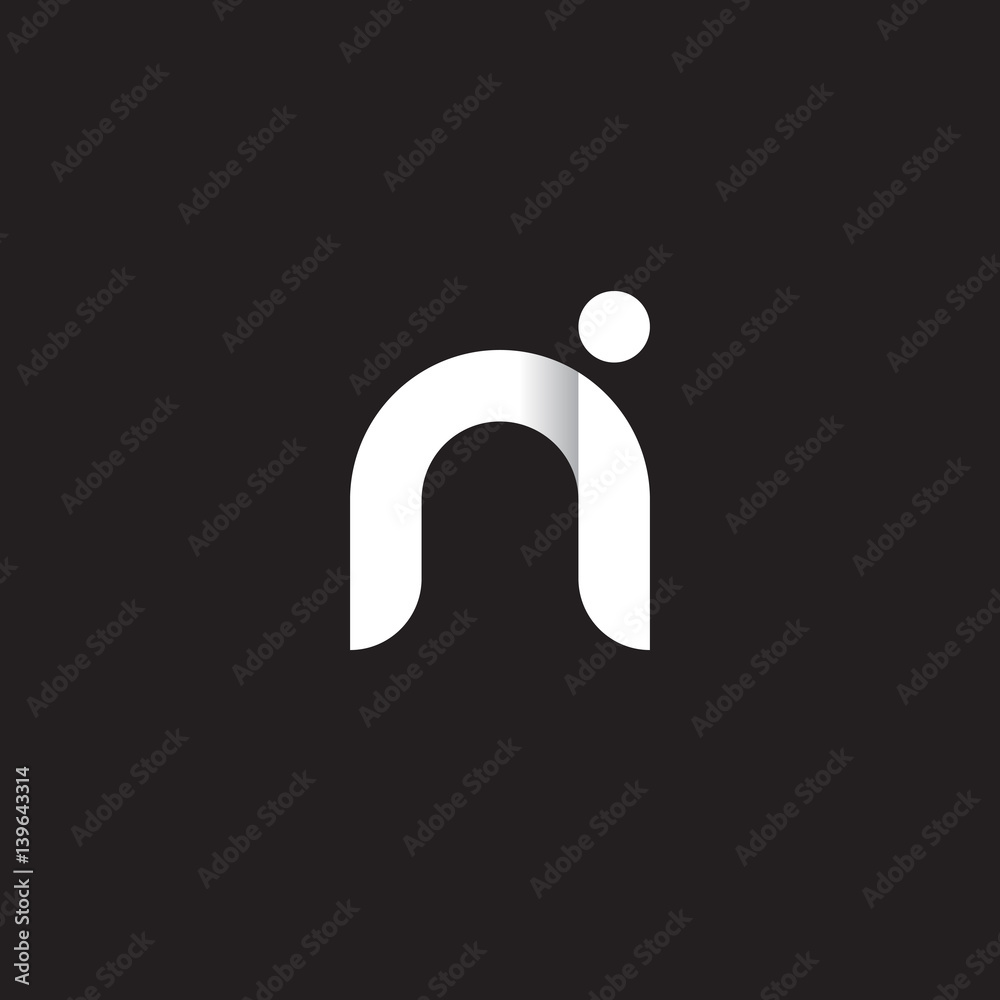 Initial lowercase letter ni, linked circle rounded logo with shadow ...