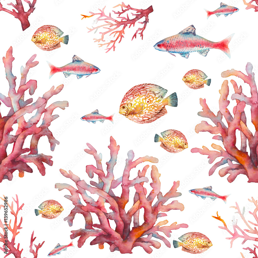 Watercolor nautical seamless pattern. Hand painted underwater texture ...
