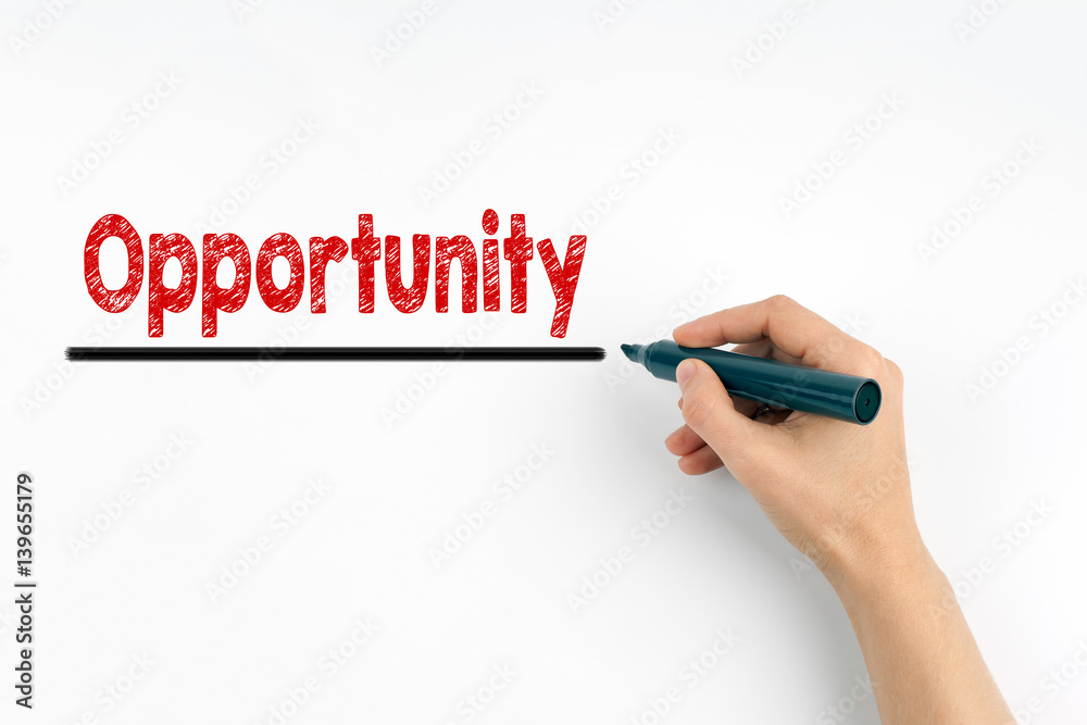 Hand with marker writing - Opportunity concept. White paper background ...