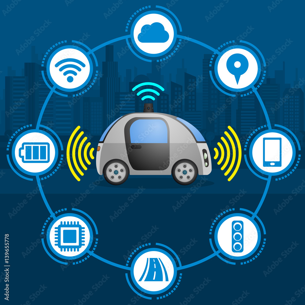 autonomous car and various function icons, connected car, smart vehicle ...