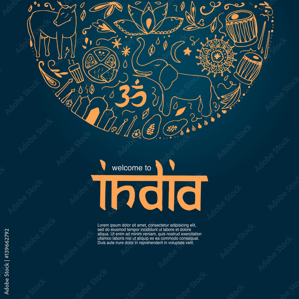 Symbols of India in the form of circle. Hand drawing elements of India ...