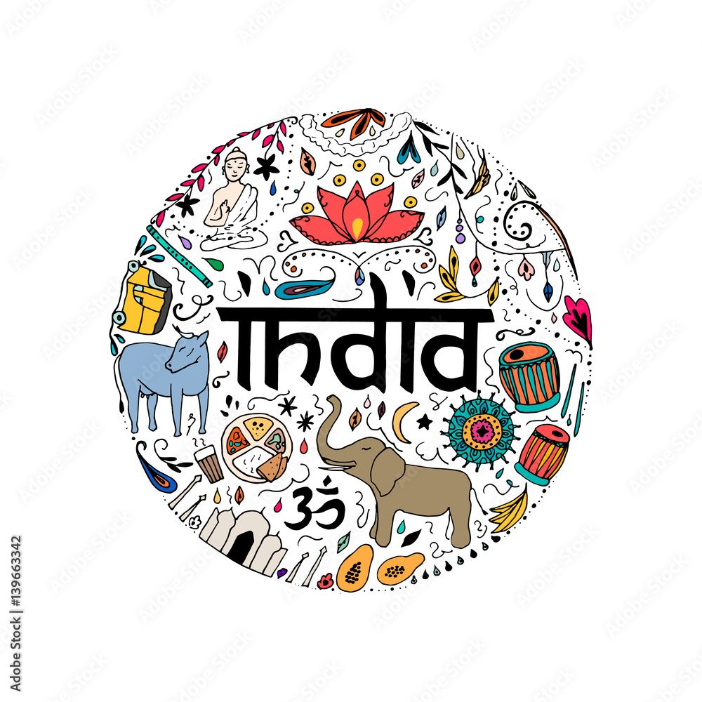 Colorful India in the form of circle. Hand drawing elements of India on ...