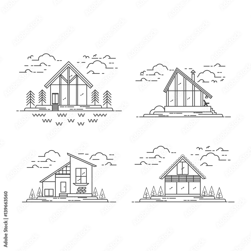 Vector Line Modern House collection with trees, clouds, birds, lake ...