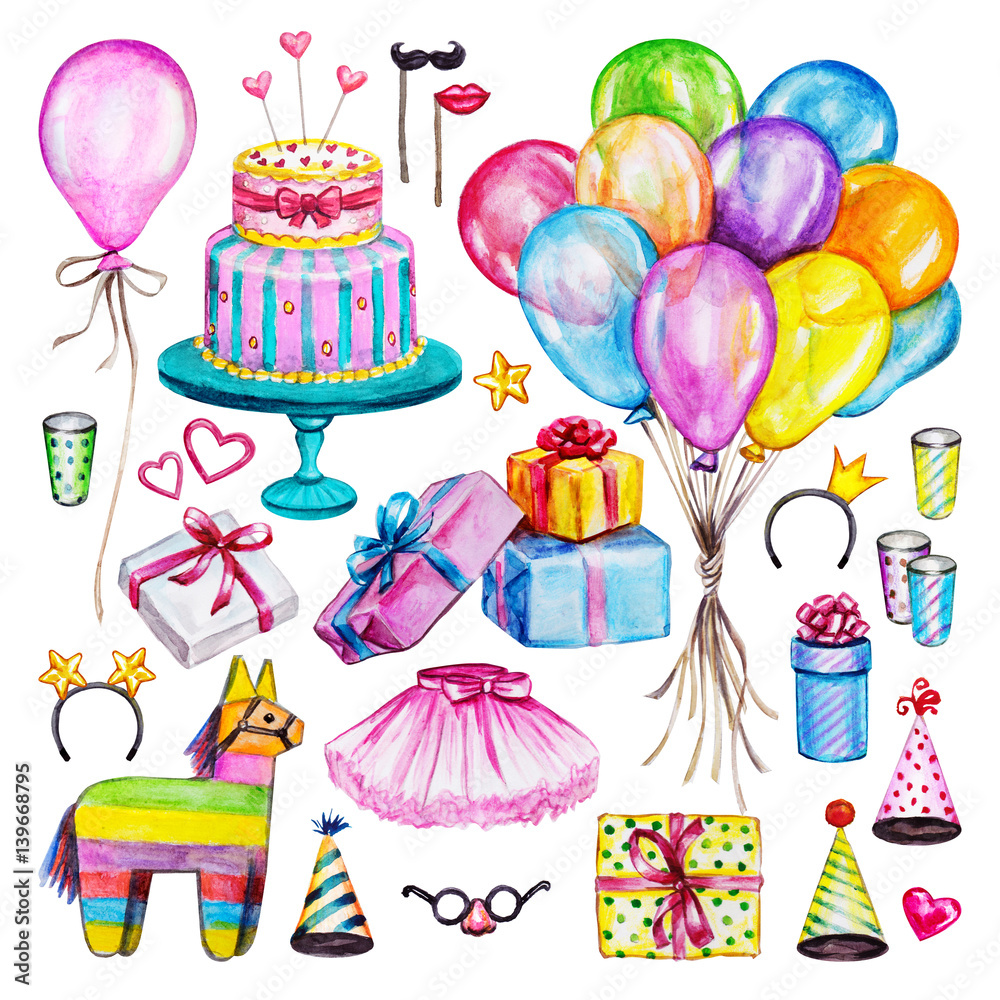Watercolor Birthday party set. Hand drawn celebration objects: gift ...