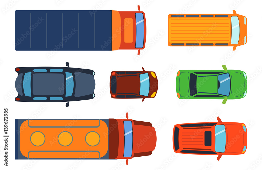 Overhead top view on colorful car toys different pickup automobile ...