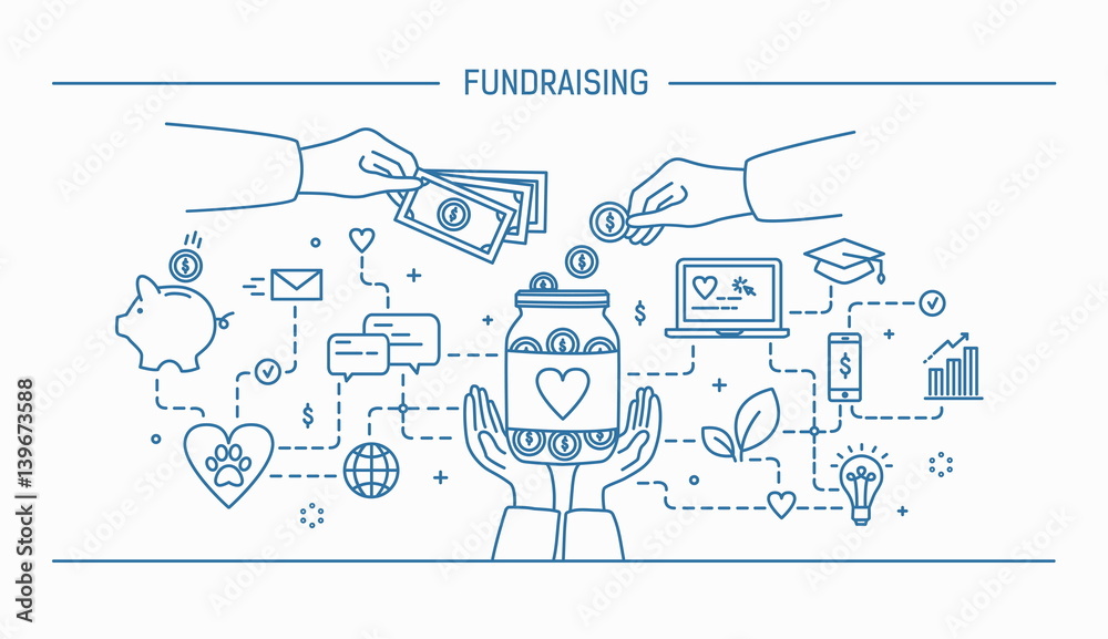 Fundraising. Line art flat contour vector illustration. Stock Vector ...