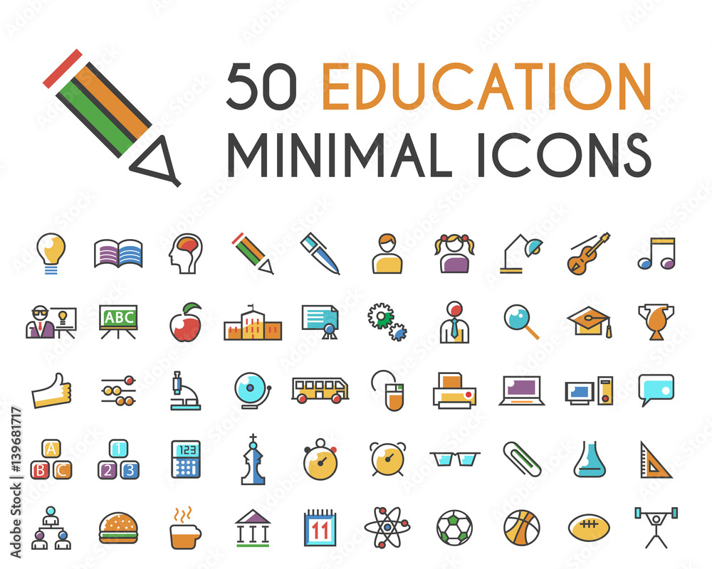 Set of 50 Minimalistic Solid Line Coloured Education Icons . Isolated ...