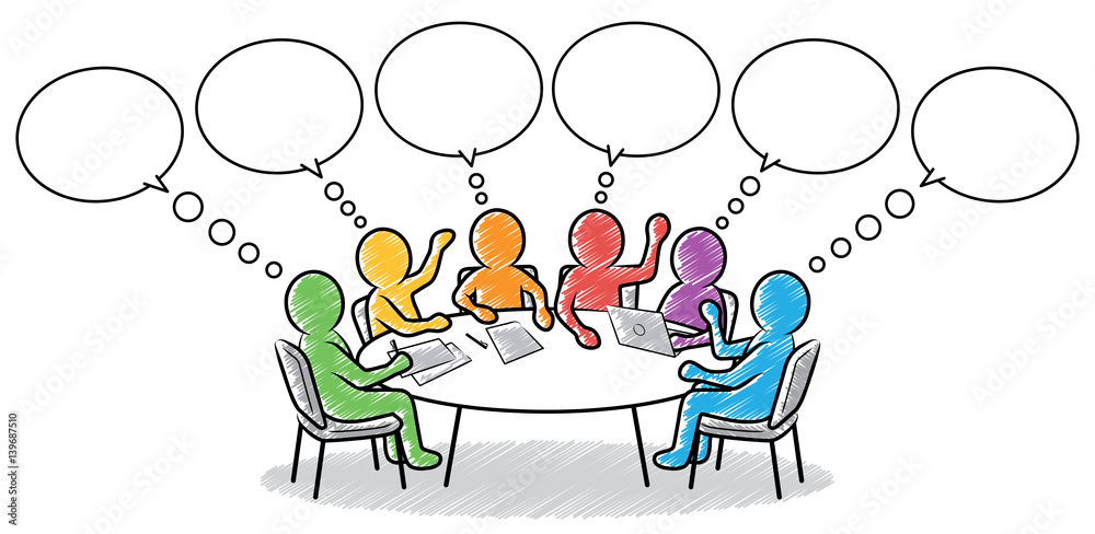 Farbige Strichmännchen beim Team-Meeting am runden Tisch mit ...