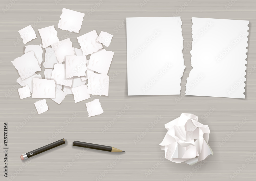 Set of different crumpled and torn sheets of paper. Broken pencil ...