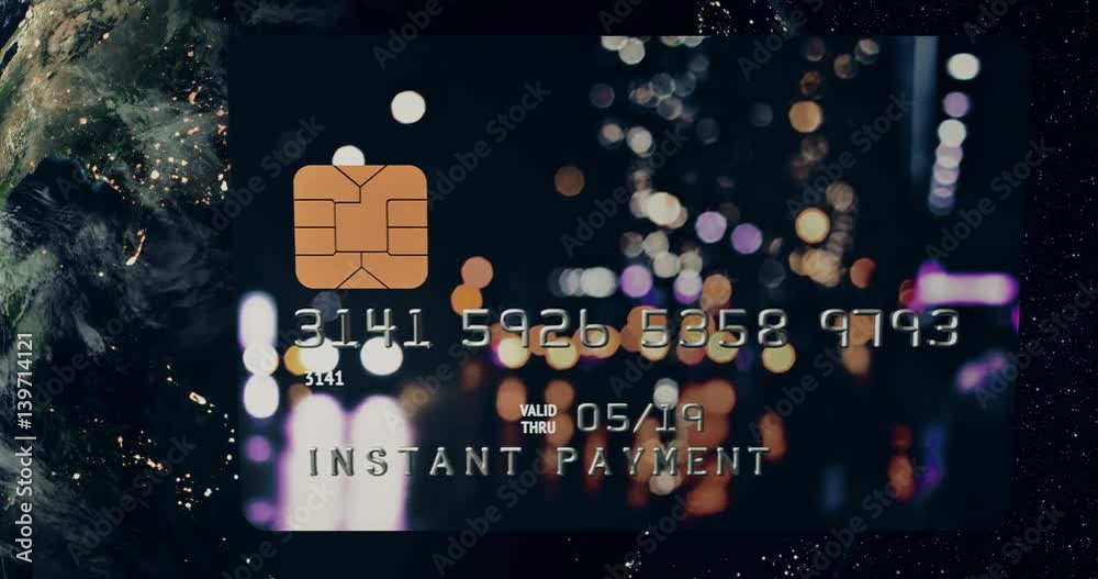 Bank Card / Instant Payment / Earth from Space. Bank plastic card with ...