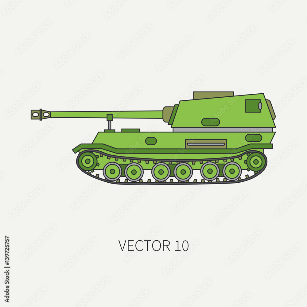 Line flat color vector icon self-propelled artillery army unit ...