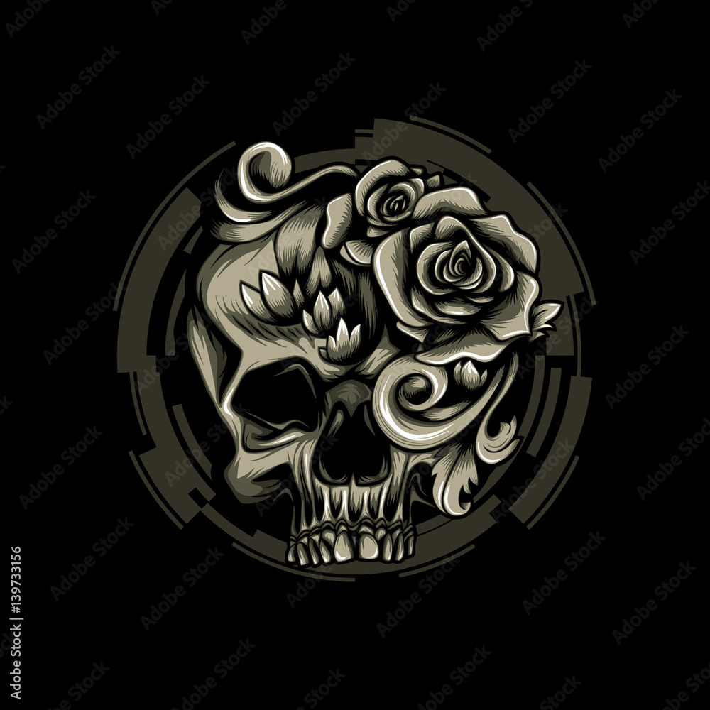 Skull Filigree Swirl Vintage Tattoo Fashion Print Urban Motif Design ...