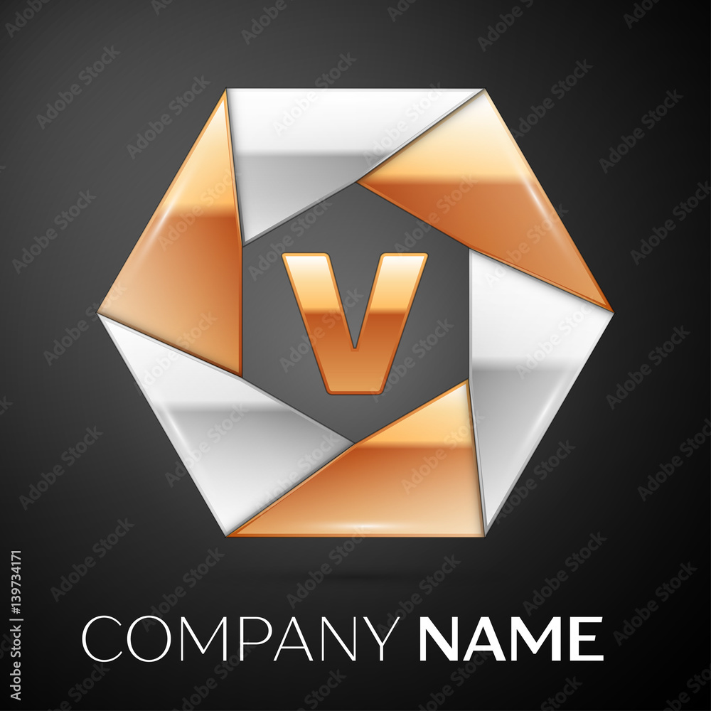 Letter V vector logo symbol in the colorful hexagon on black background ...