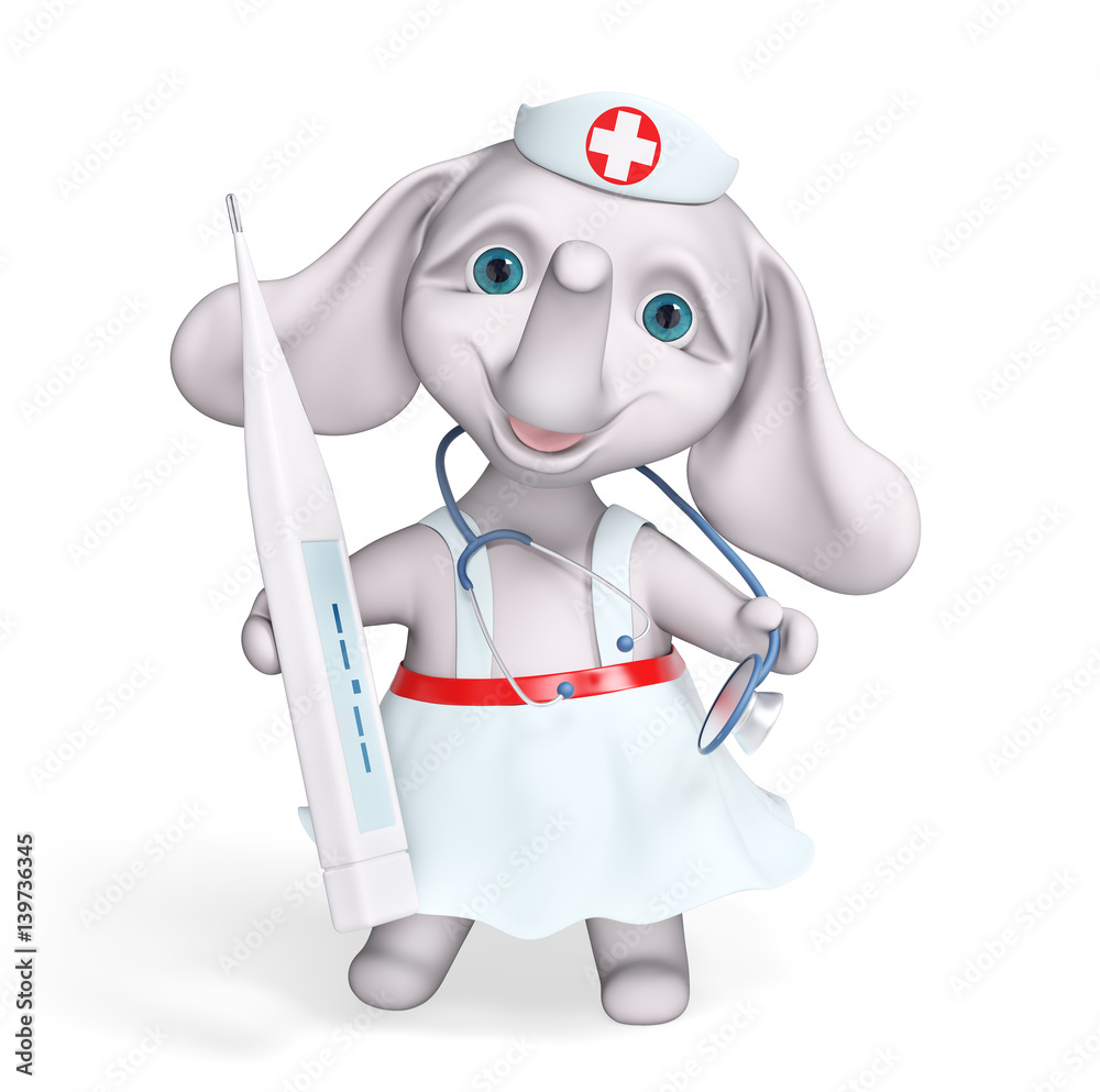Cartoon character nurse elephant holding stethoscope and thermometer 3d ...