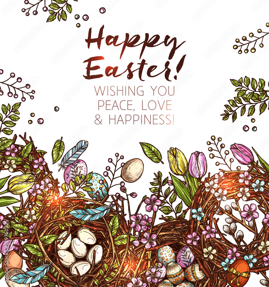 Happy Easter Sketch Background With Greeting. Hand Drawn Concept Made ...