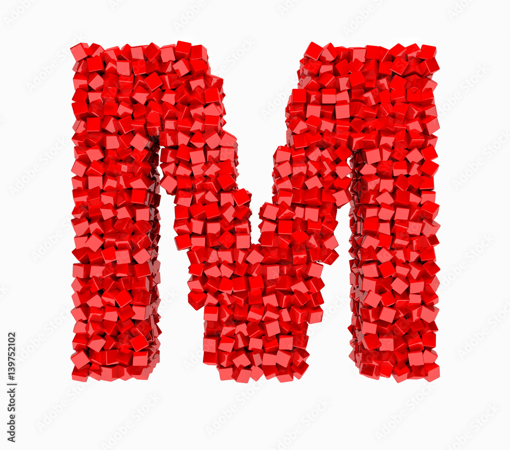 3d design, English alphabet, red cube of rotation, the letter M Stock ...
