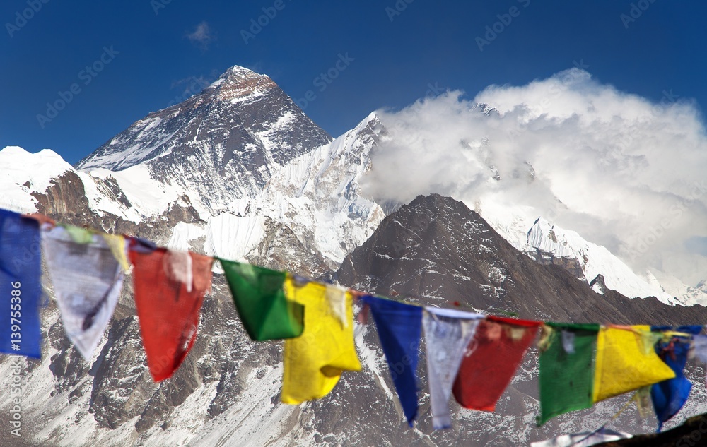 himalayas mountains and Mount Everest with prayer flags Stock Photo ...