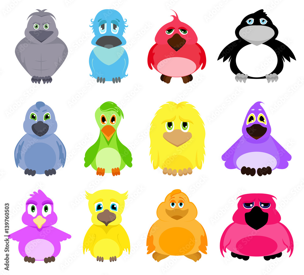 Cute colorful cartoon birds isolated on white background. Vector big ...