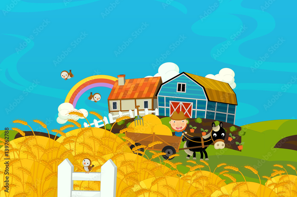 cartoon illustration of traditional farmer working on his fileds Stock ...