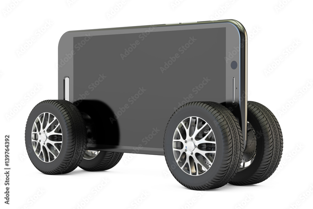 Smartphone on wheels, 3D rendering Stock Illustration | Adobe Stock