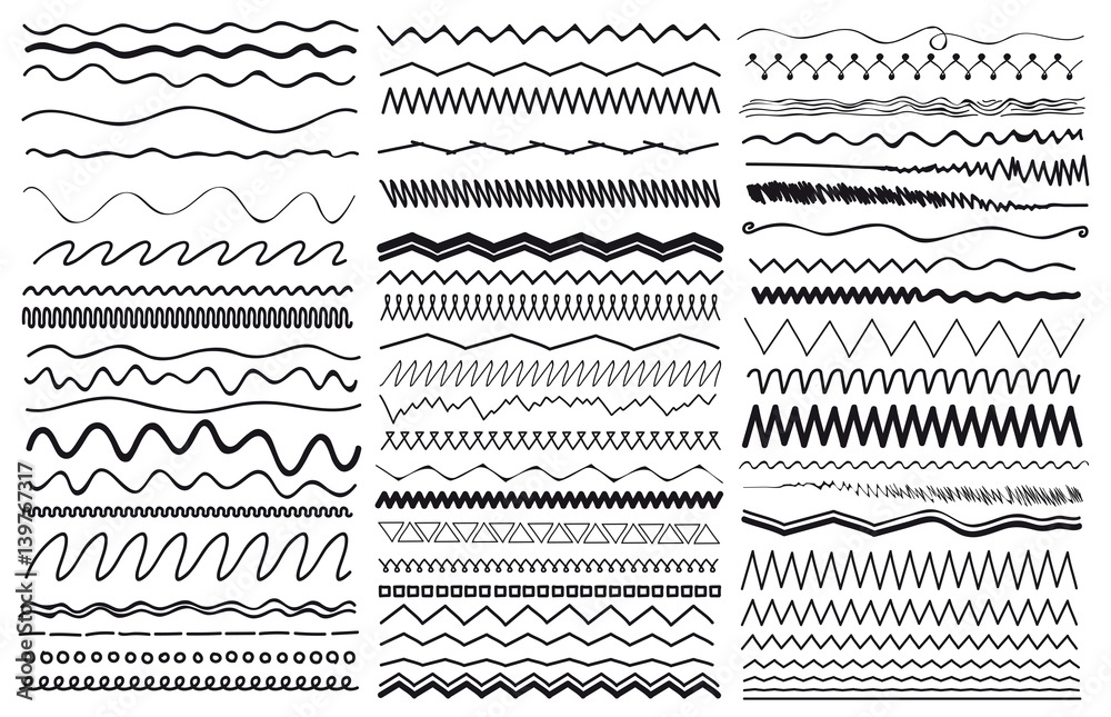 Set of wavy curved and zig zag criss cross horizontal lines. Vector ...