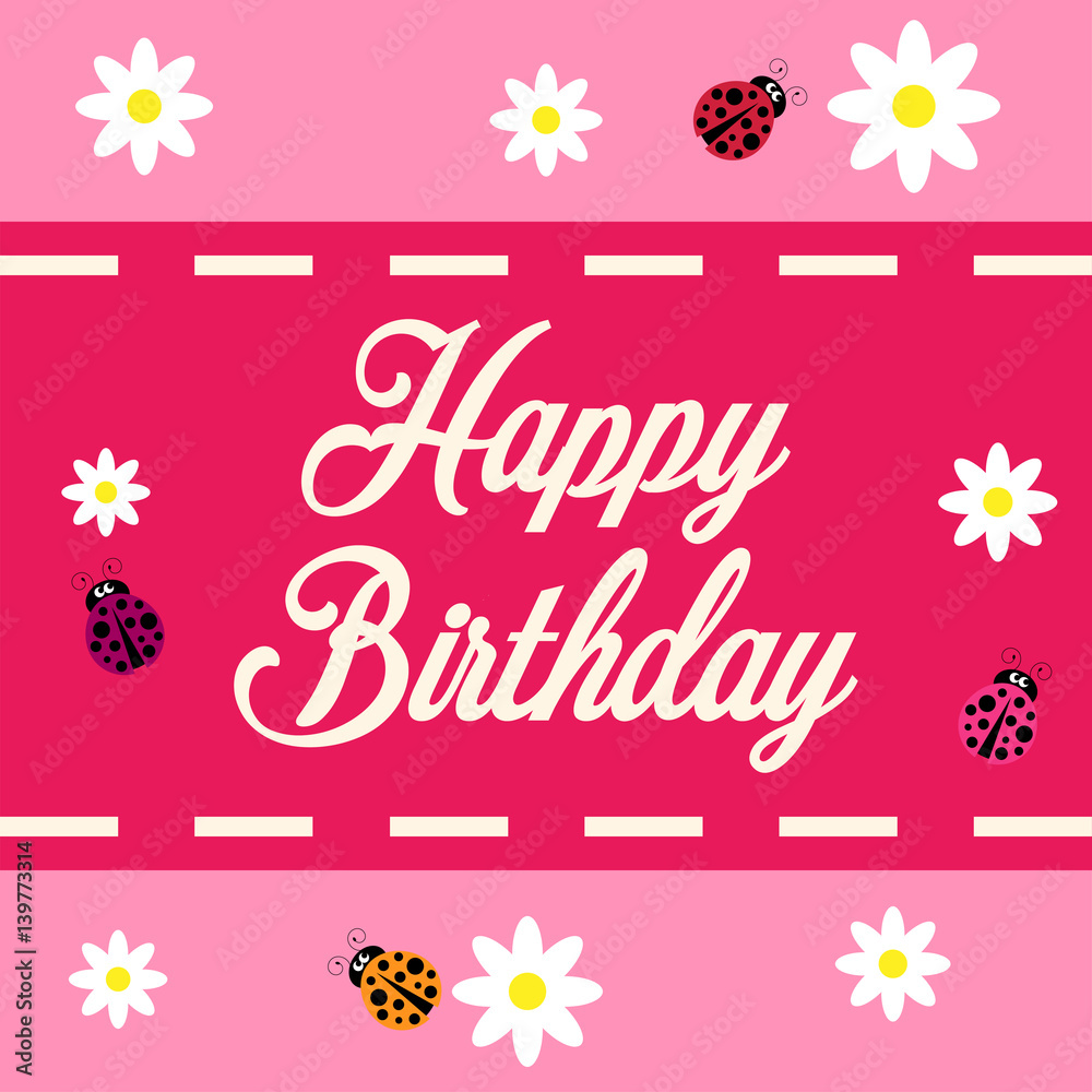 Happy Birthdat greeting card with flowers and ladybugs Stock Vector ...