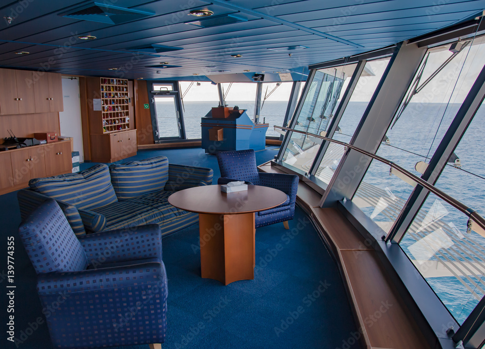 View of port wing of bridge on a large modern passenger cruise liner ...