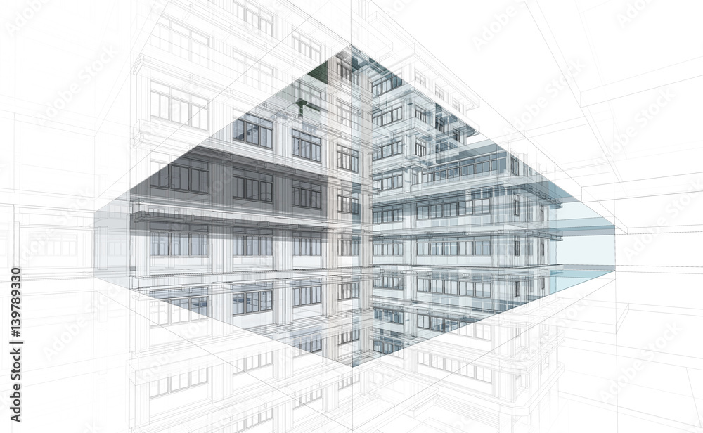 Abstract Architecture background. Perspective 3d Wireframe of building ...