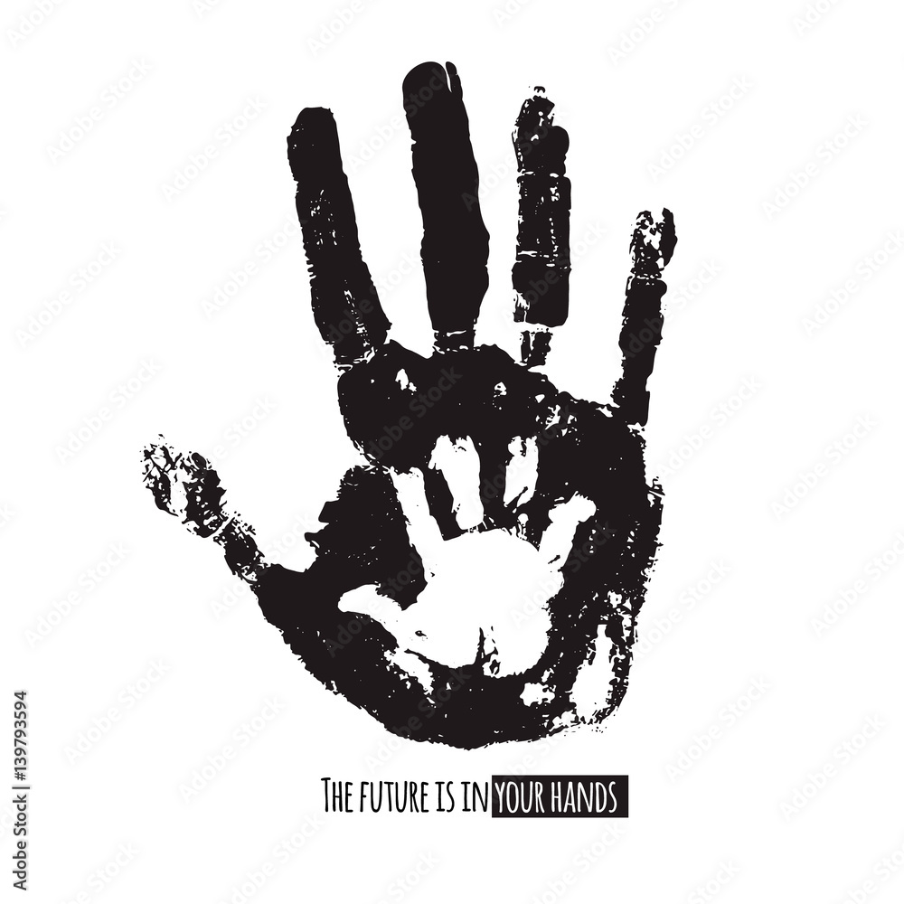 Future in your hands social illustration. Handprint of an adult and a ...