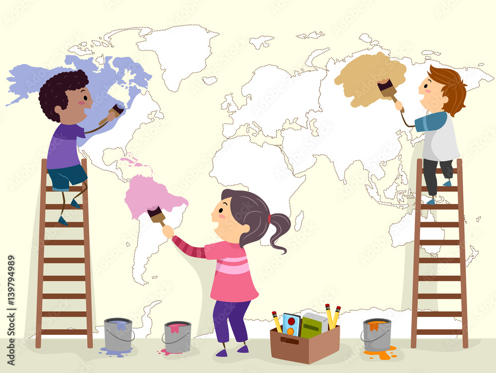 Stickman Kids Paint Map Geography Stock Vector | Adobe Stock