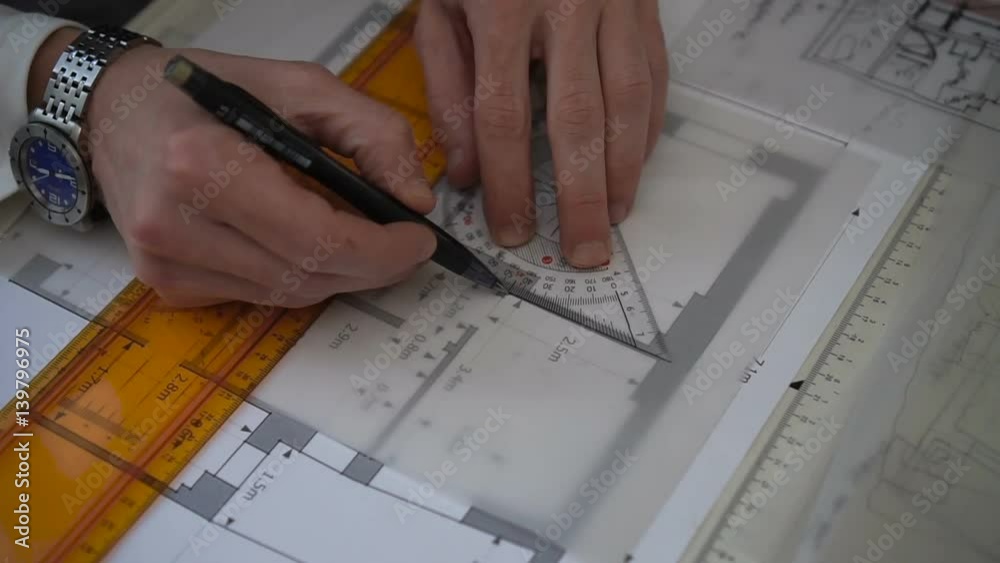 Architect drawing blueprints plan, graph, design, geometric shapes by ...