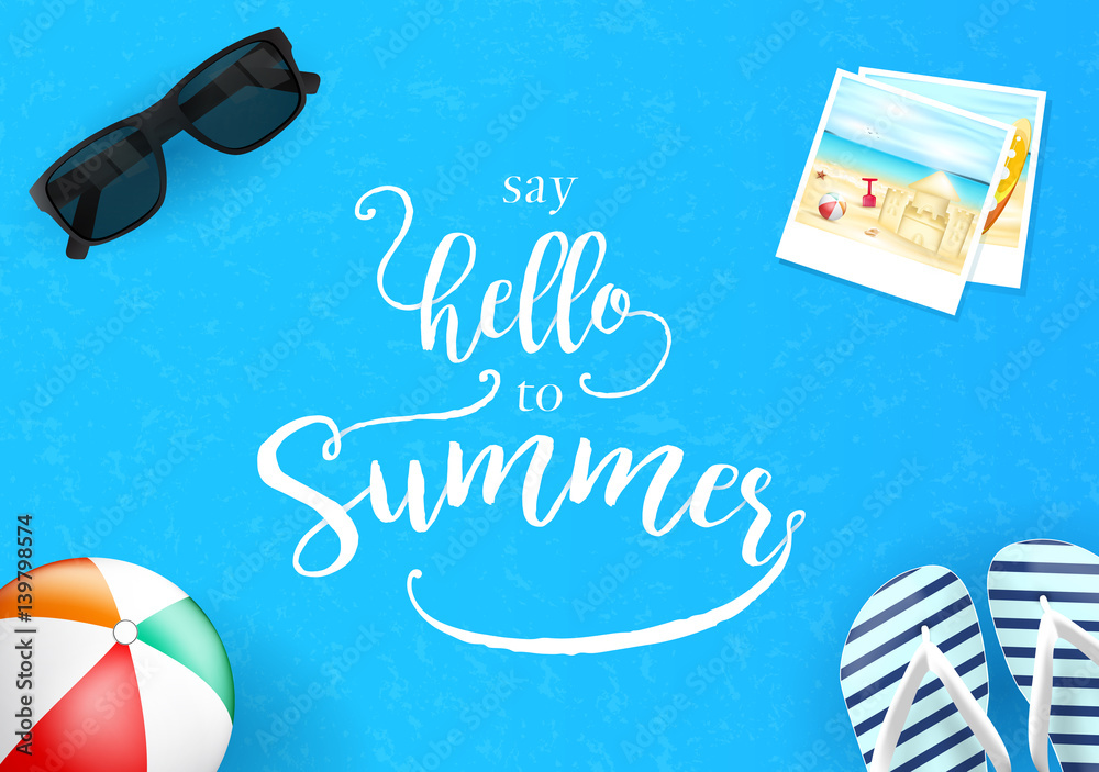 Simple Say Hello to Summer Lettering in Blue Background with Sunglasses ...