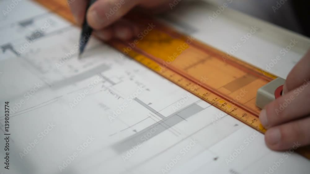 Architect drawing blueprints plan, graph, design, geometric shapes by ...