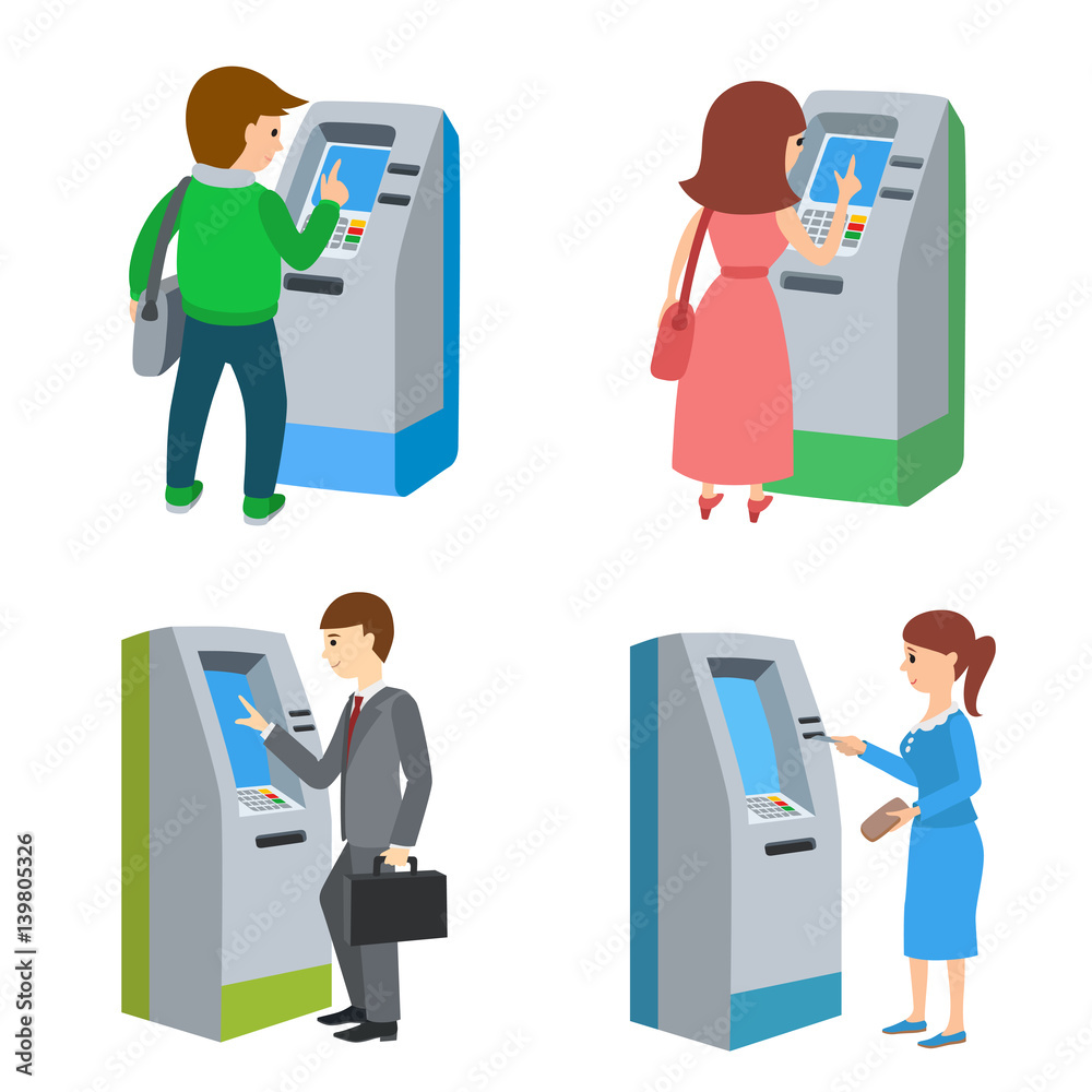 People using ATM machine. Vector illustration isolated white background. Stock Vector | Adobe Stock